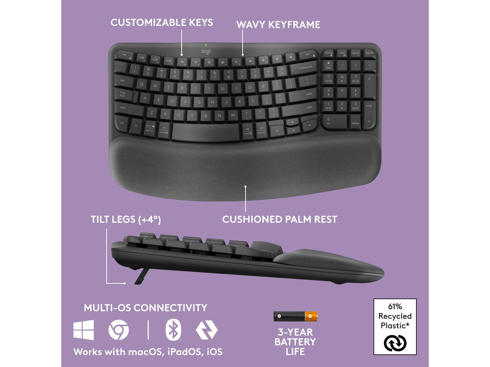 Logitech Wave Keys - Graphite - ND - Ergonomisk tastatur - Nordisk - Svart