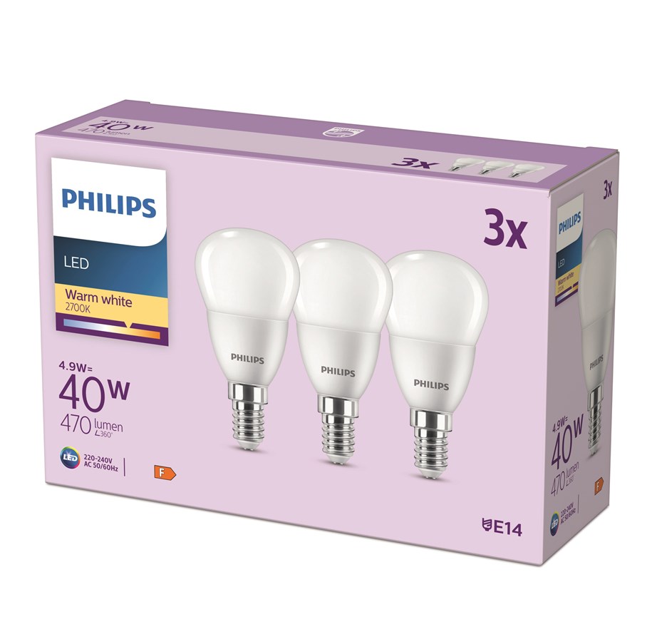 Philips LED-lyspære P45 4.9W/827 (40W) 3-pack E14 | Billig