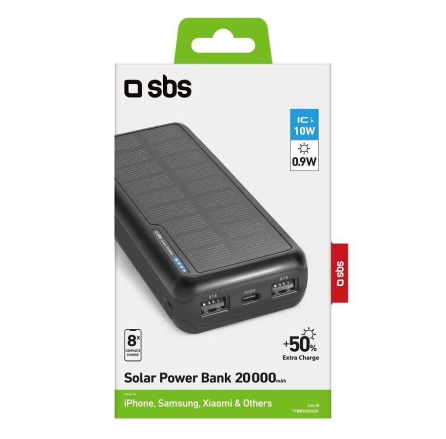 SBS Solar Power Bank - 20.000 mAh - Black Nødlader - Svart - 20000 mAh